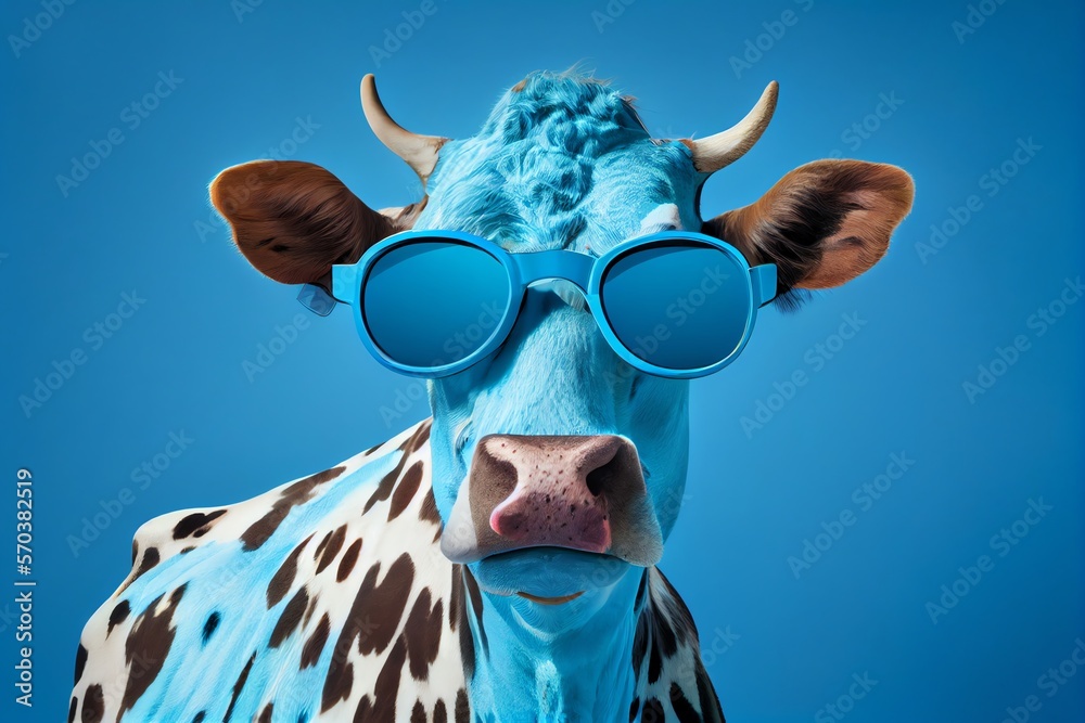 Funny cow with sunglasses in front of blue studio background ...