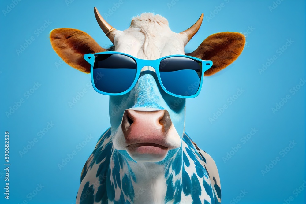Funny cow with sunglasses in front of blue studio background ...