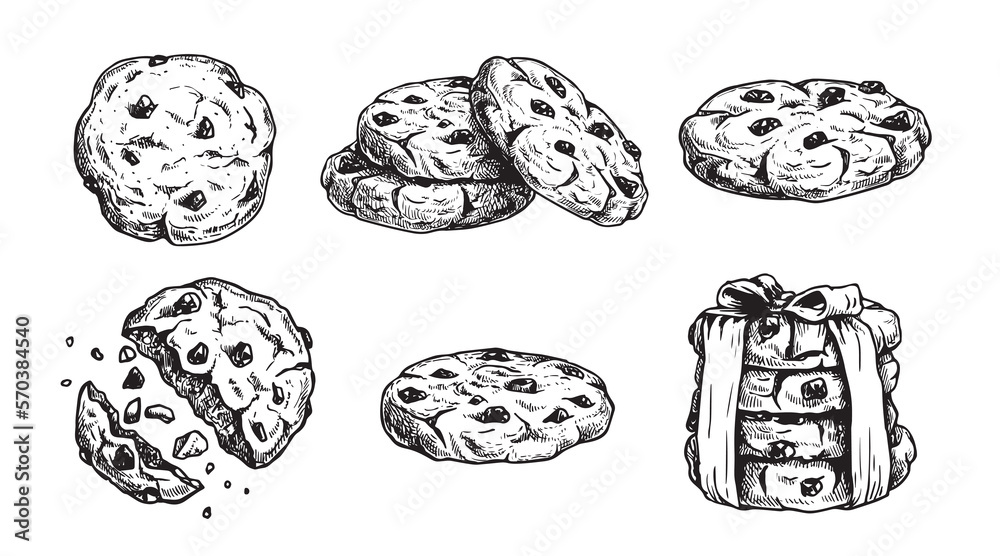 Hand drawn sketch style chocolate chip cookies set. Single whole and ...