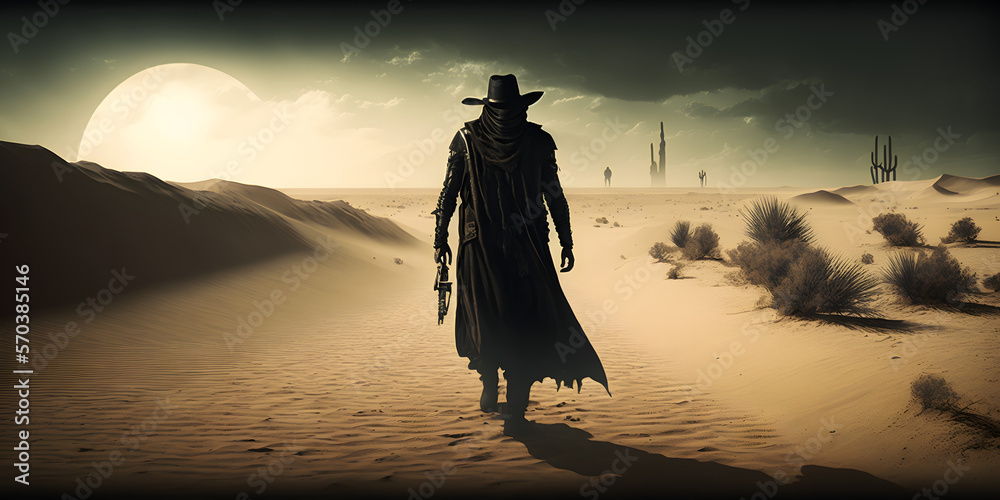 scary dark man walking across the desert, fantasy landscape ...