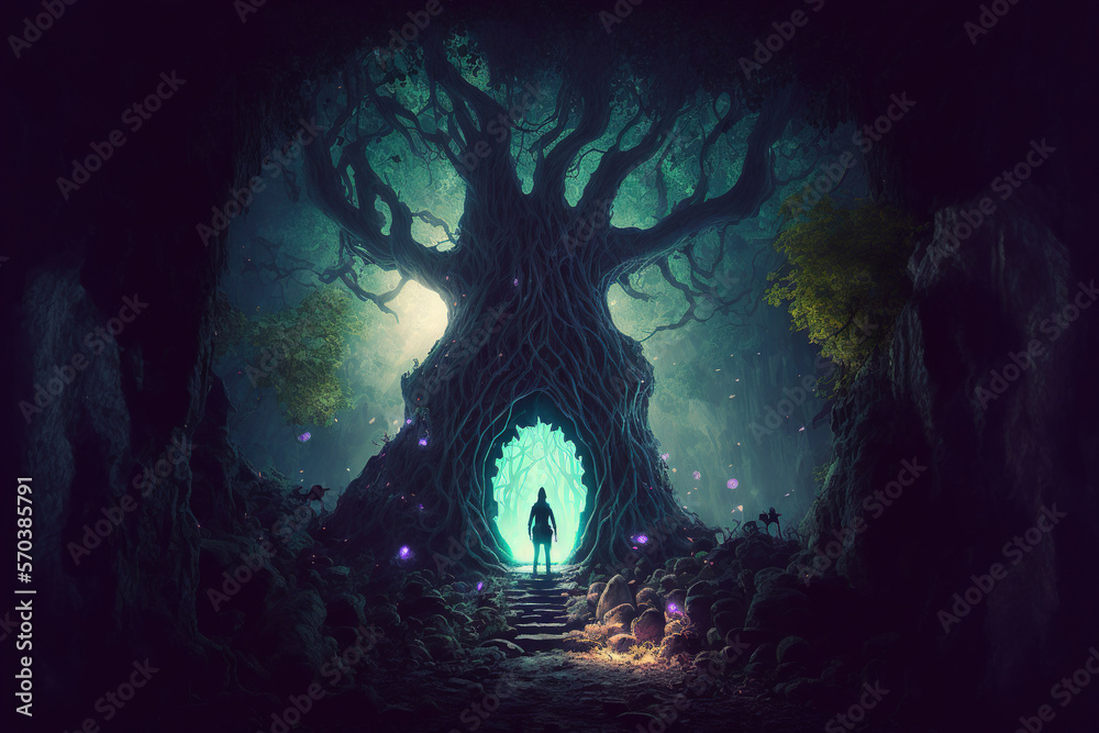 Sacred fantasy tree of life with afterlife portal gate leading to ...