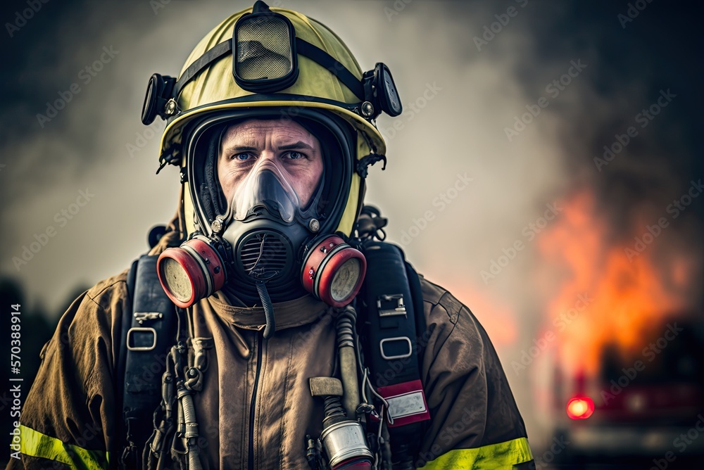 Close up portrait of a serious fireman wears an oxygen mask on his face ...