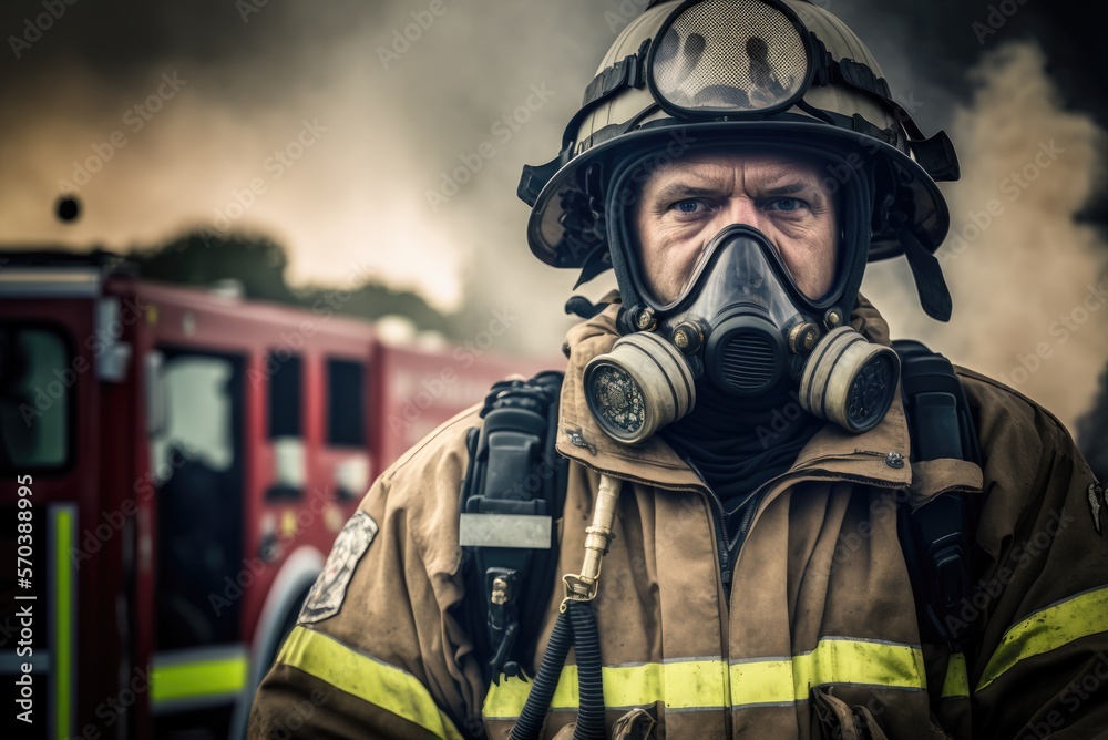 Close up portrait of a serious fireman wears an oxygen mask on his face ...