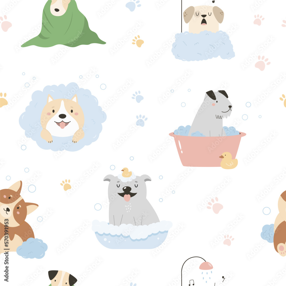 Seamless patterns with funny washing dogs of different breeds Stock ...