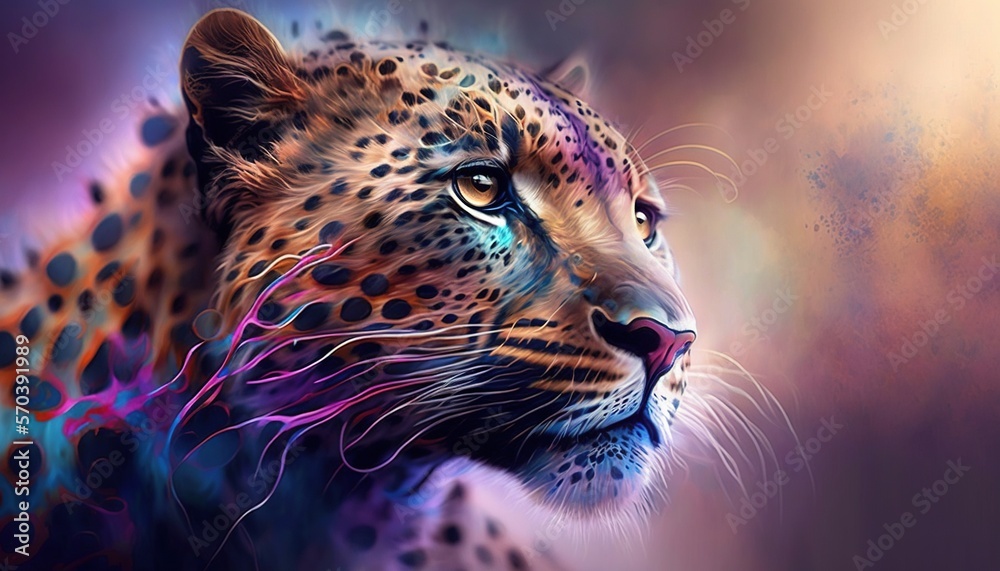 a painting of a cheetah with blue eyes and a purple background is ...