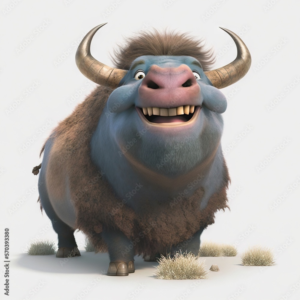 a cartoon bison with a big smile on his face and horns on his head ...