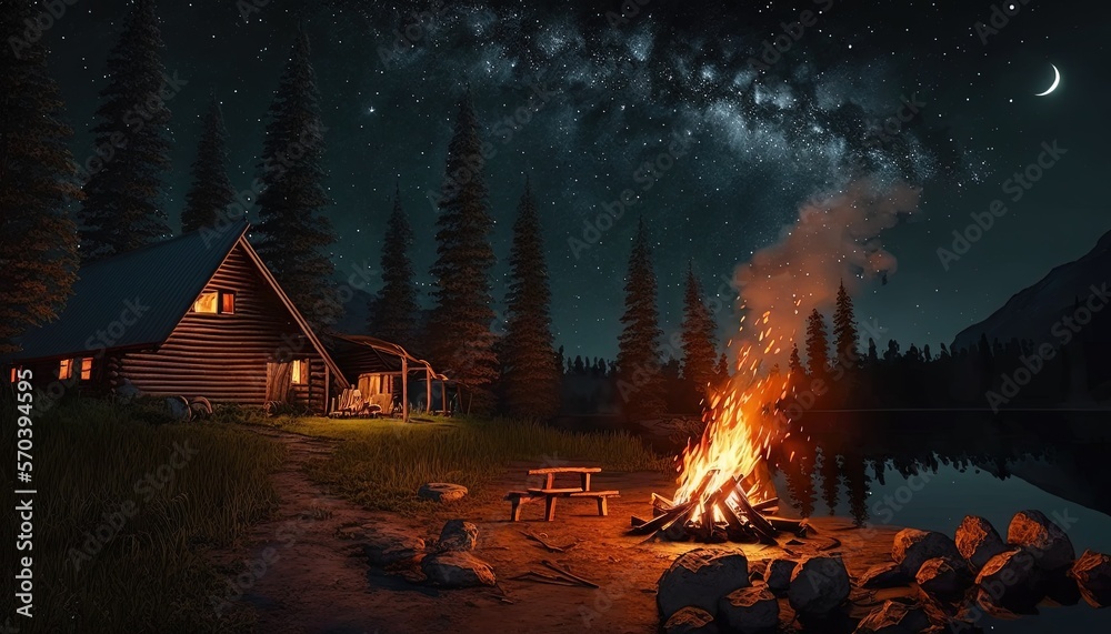 a campfire in front of a cabin with a night sky full of stars and a ...