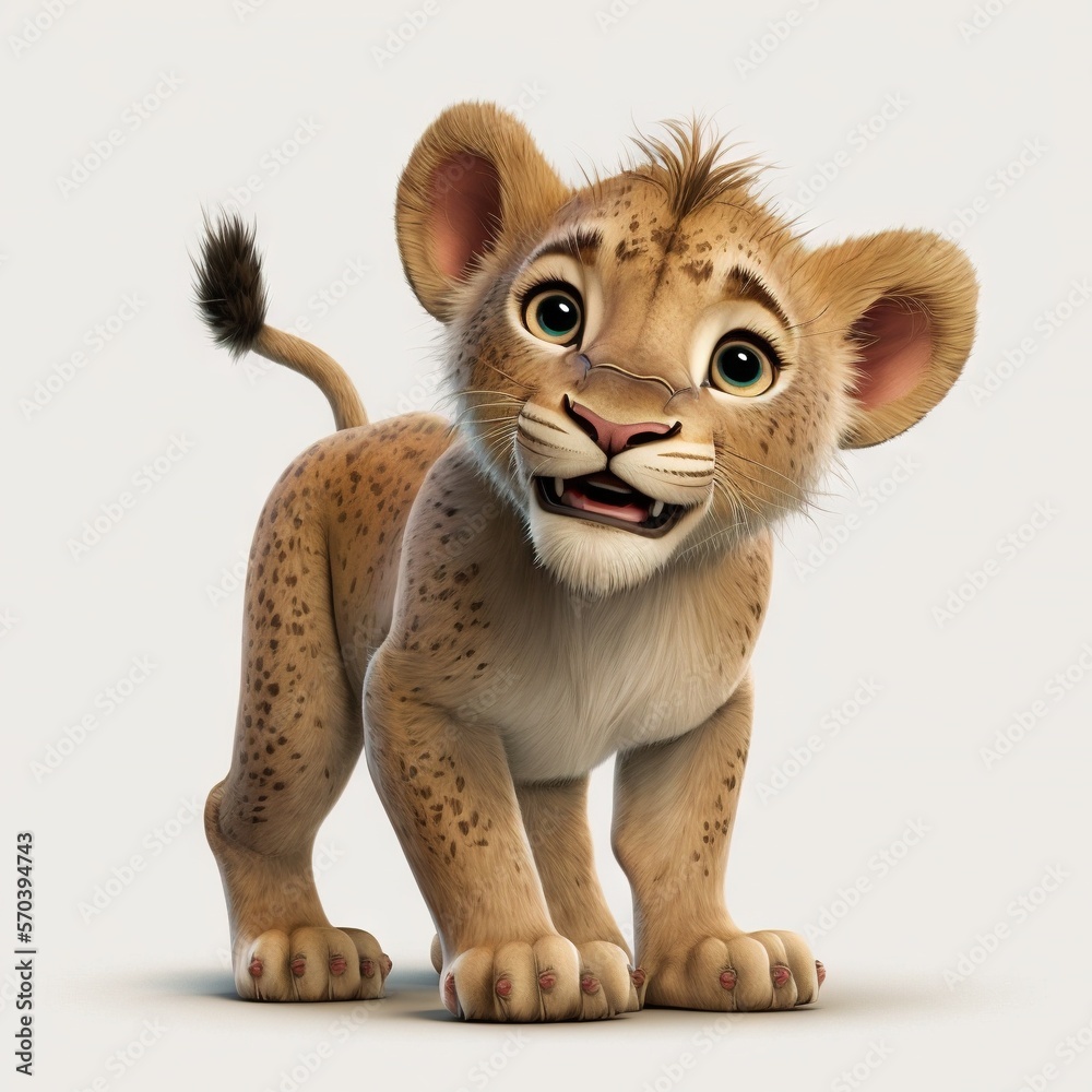 a cartoon lion cub standing on a white surface with a big smile on its ...