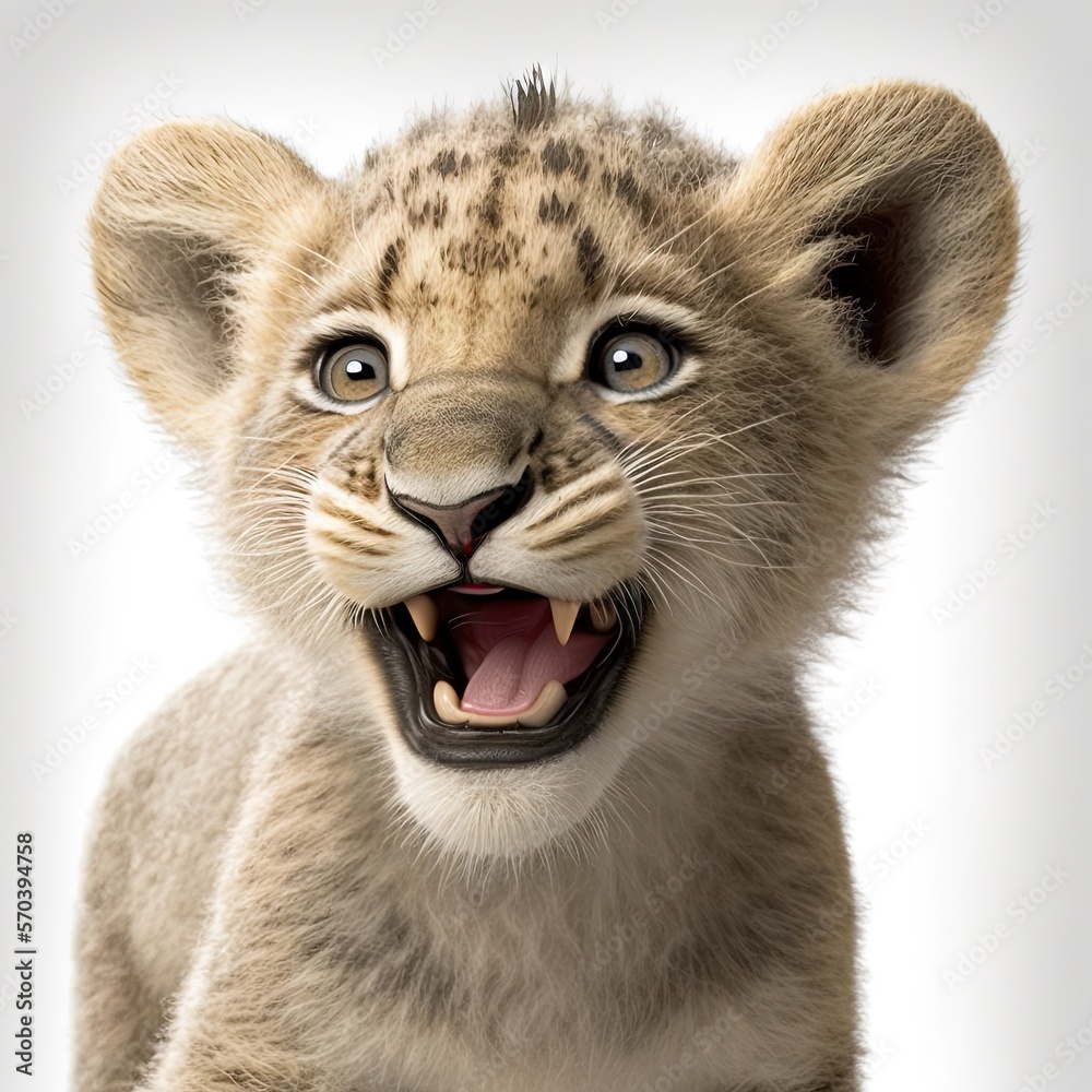 a young lion cub with its mouth open and it's mouth wide open, with its ...