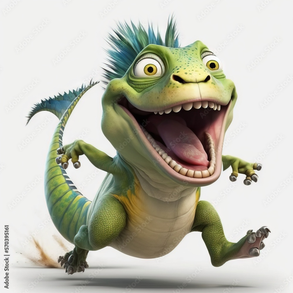 a cartoon lizard with blue hair and a mohawk running with its mouth ...
