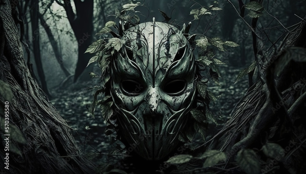 a creepy mask in the middle of a forest with leaves on its head and ...