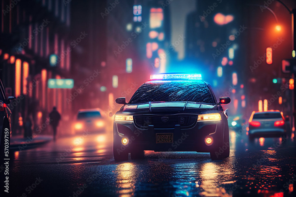Police car in New York. Police car with red and blue emergency lights ...