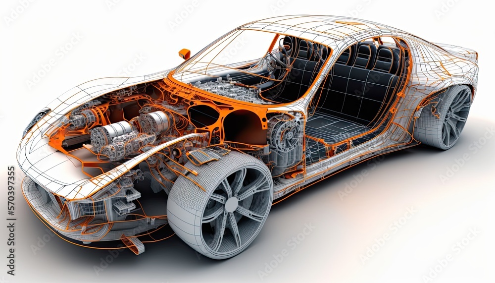 Digital engineering white and orange car schematic generative ai Stock ...