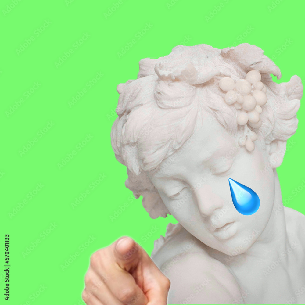 contemporary collage statue of the crying child isolated on green ...