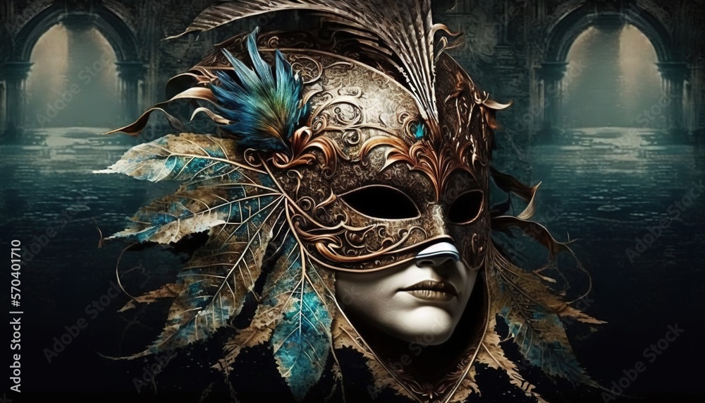 a mask with feathers and feathers on it is shown in front of a dark ...