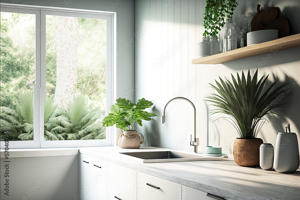 White kitchen counters next to a window with a view of the tropics in a ...