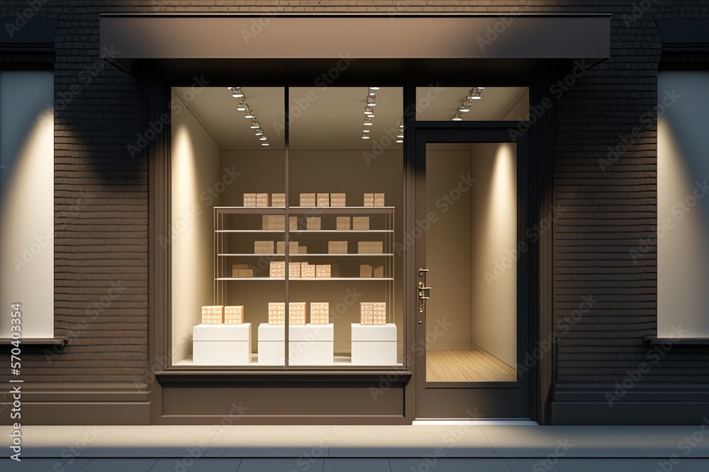 A perspective picture of a storefront with a glass window, a door, and ...