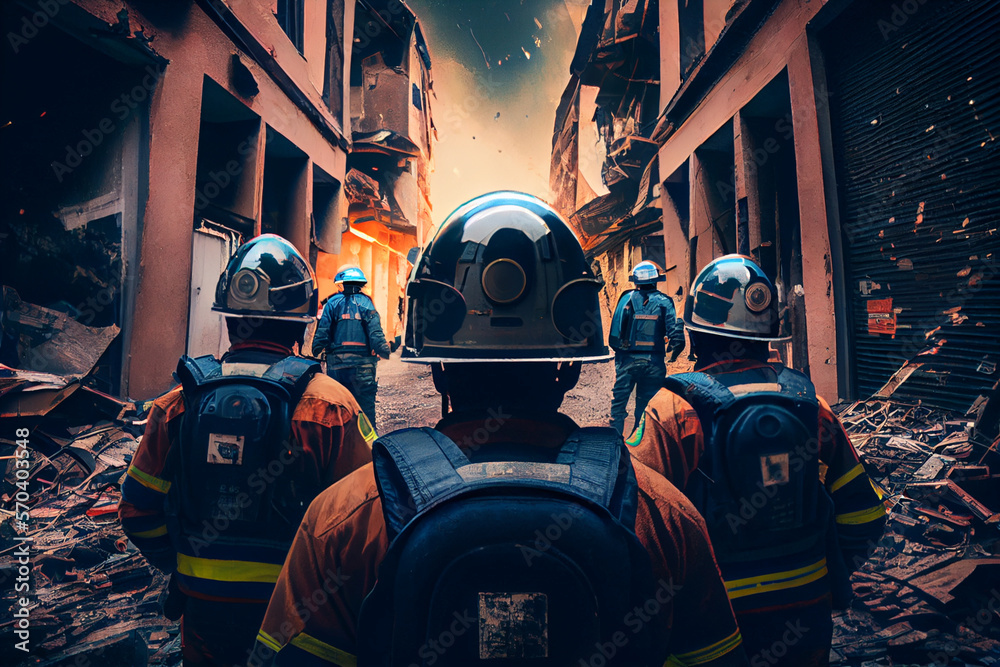 Group of firefighters with helmets in a destroyed city, smoke and fire ...