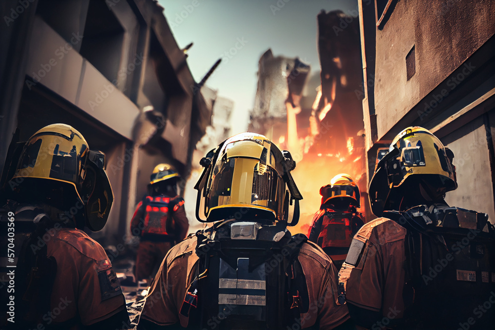 Group of firefighters with helmets in a destroyed city, smoke and fire ...
