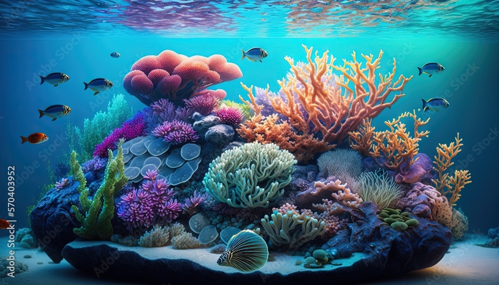 an underwater scene of a coral reef with many different types of corals ...