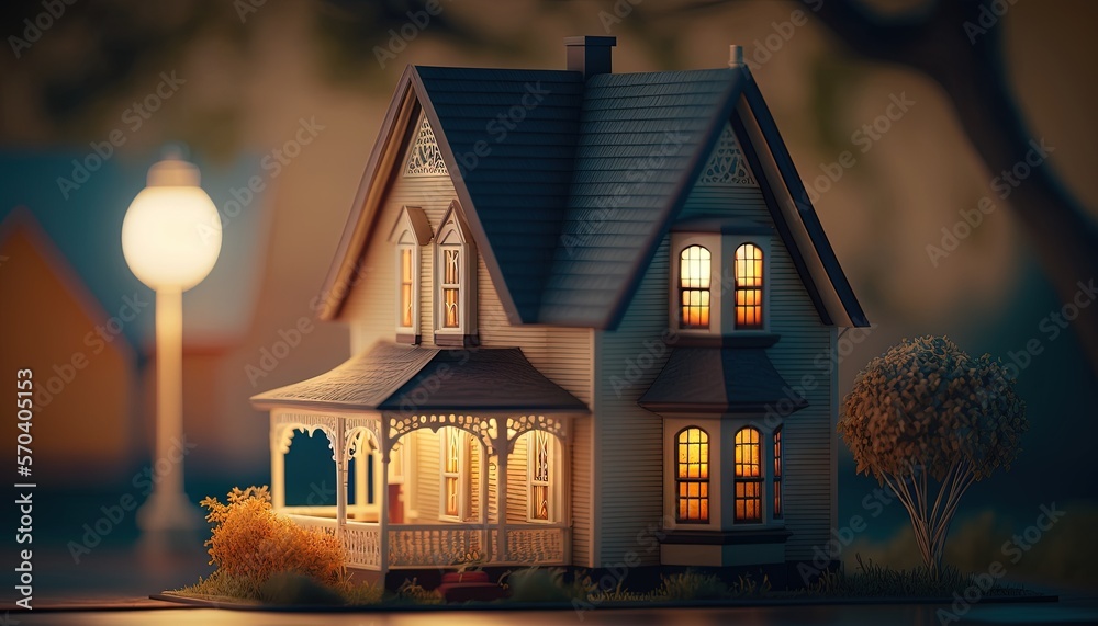 a doll house sitting on top of a table next to a street light and a ...
