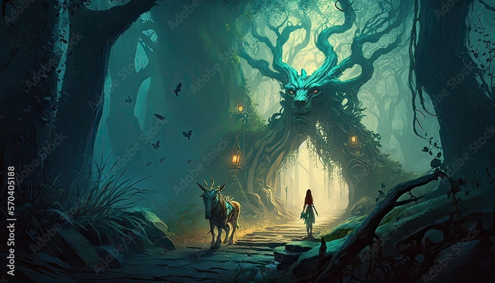 Elves hunt for mythical creature in enchanted woods. Illustration ...