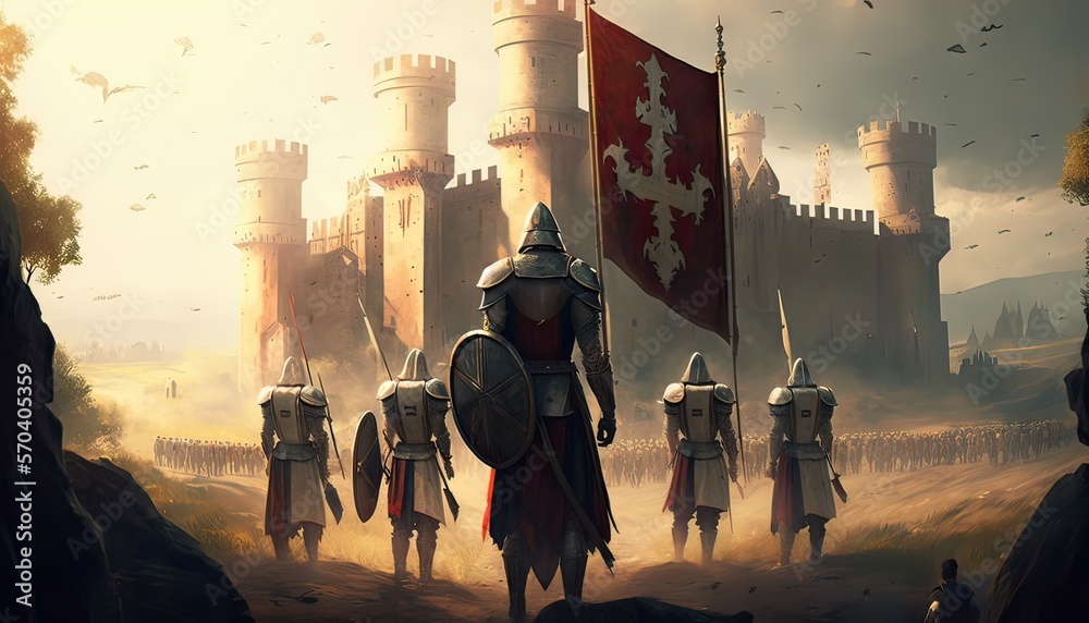 ภาพประกอบสต็อก Noble knights defend castle from invading army ...