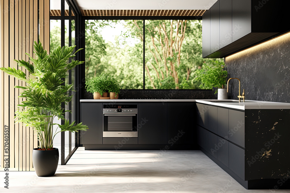 a concrete floor kitchen with a potted plant, black worktops, and a ...