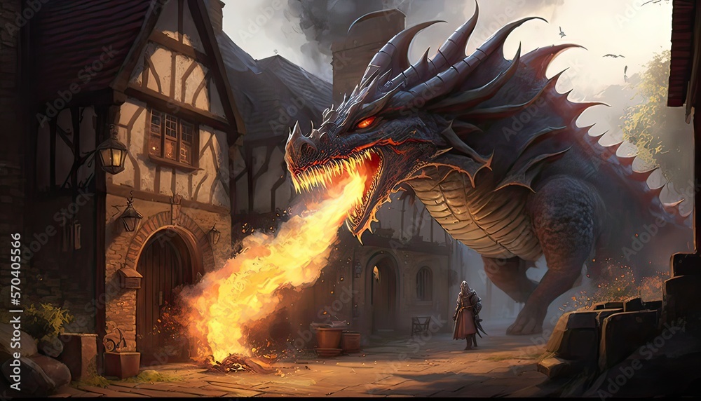 Fire-breathing dragon raids villages for food. Illustration fantasy by ...