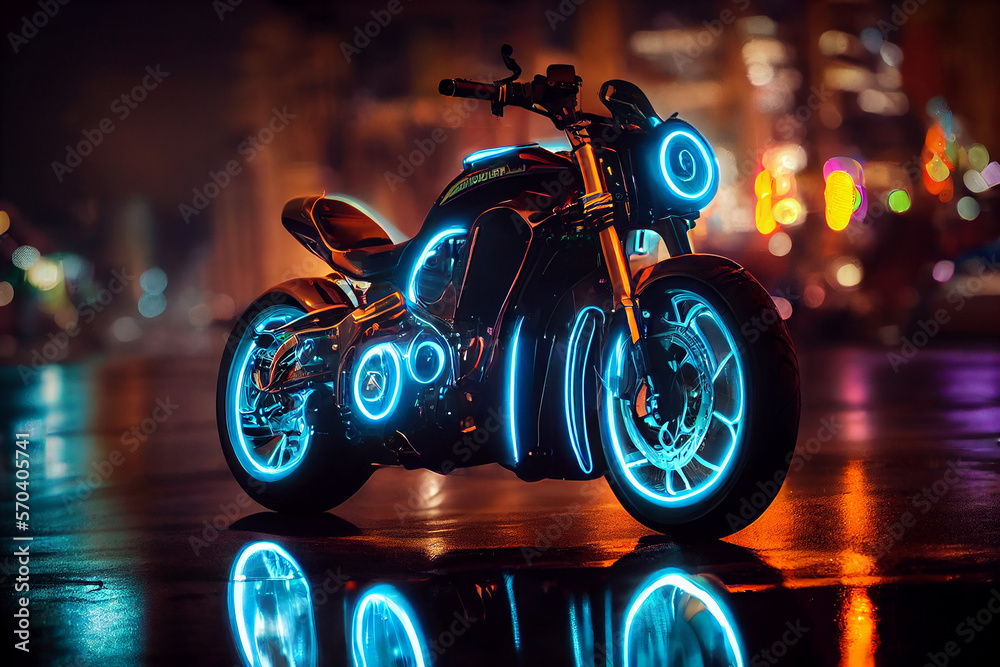 Motorcycle with round continuous glass window on top like Tron, neon ...