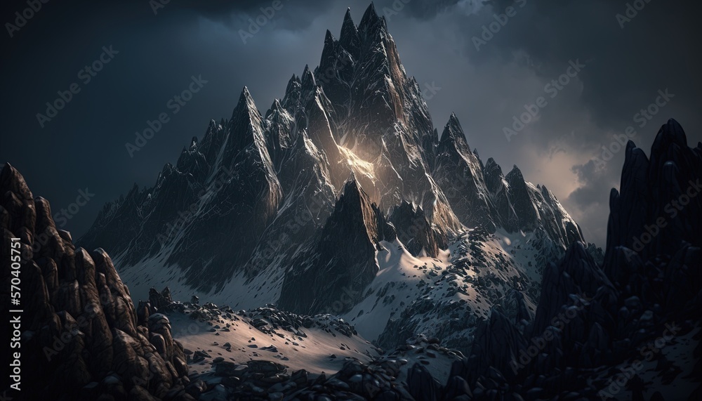 a very tall mountain covered in snow under a cloudy sky with lightning ...