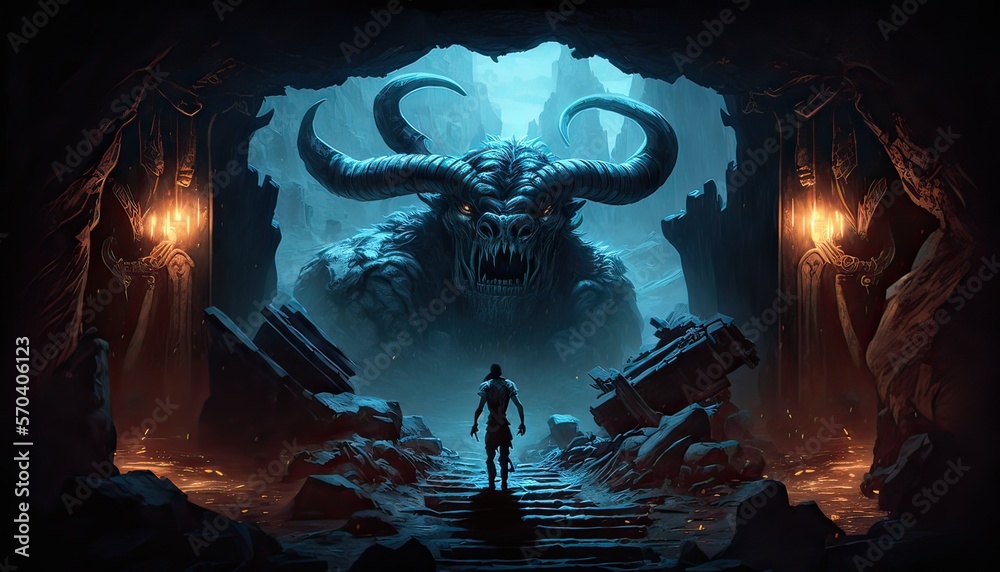 Minotaurs roam labyrinthine dungeon. Illustration fantasy by generative ...