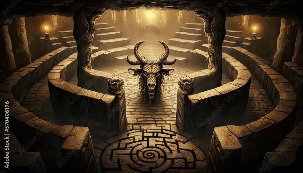 Minotaurs roam labyrinthine dungeon. Illustration fantasy by generative ...