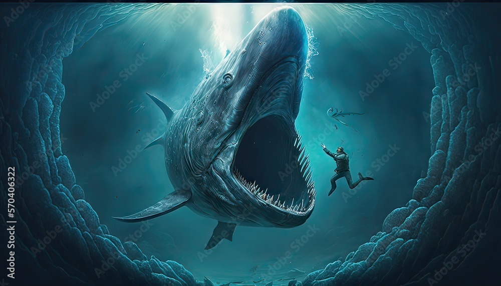 Leviathan swims in deep ocean trench. Illustration fantasy by ...