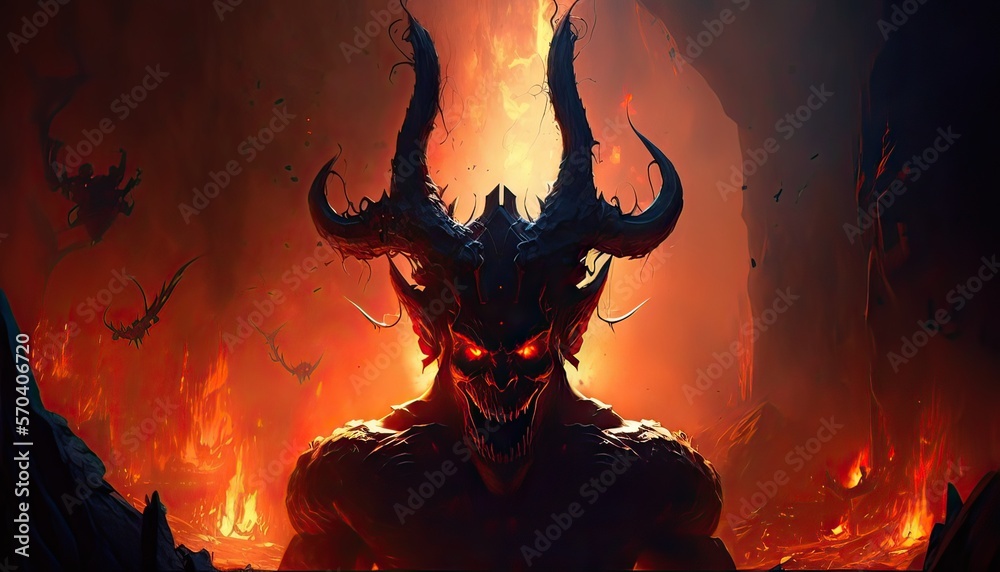 Demons wreak havoc in fiery underworld. Illustration fantasy by ...