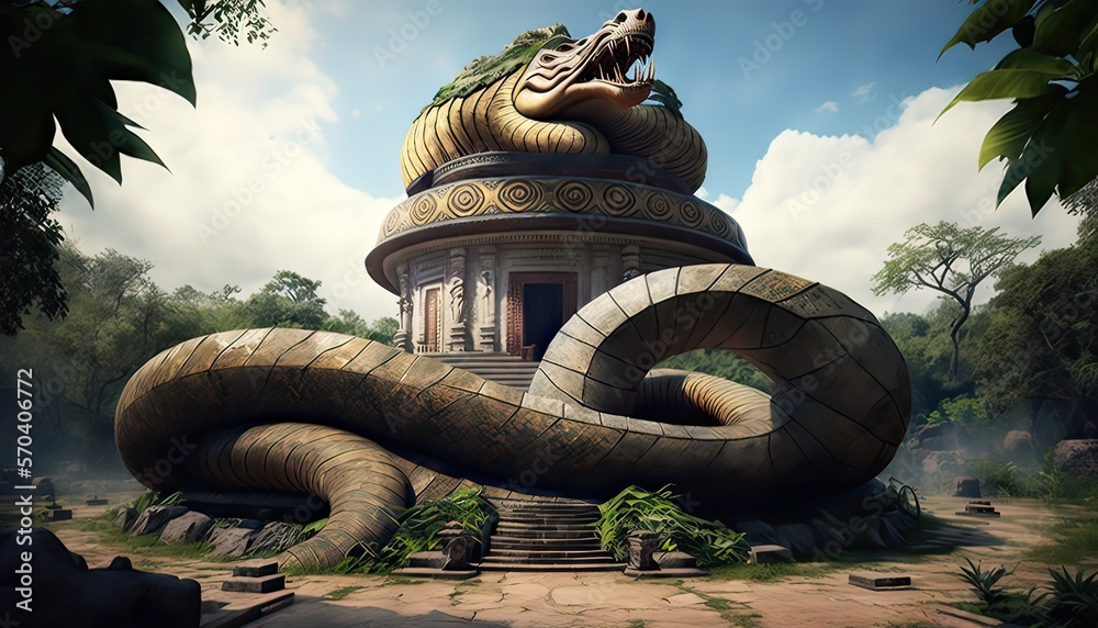 Giant anaconda coils around lost temple. Illustration fantasy by ...
