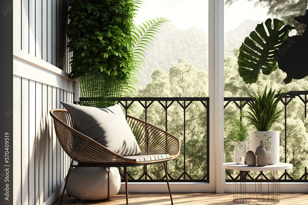 ,3d illustration, Interior Scene and Mockup,on the open balcony seating ...