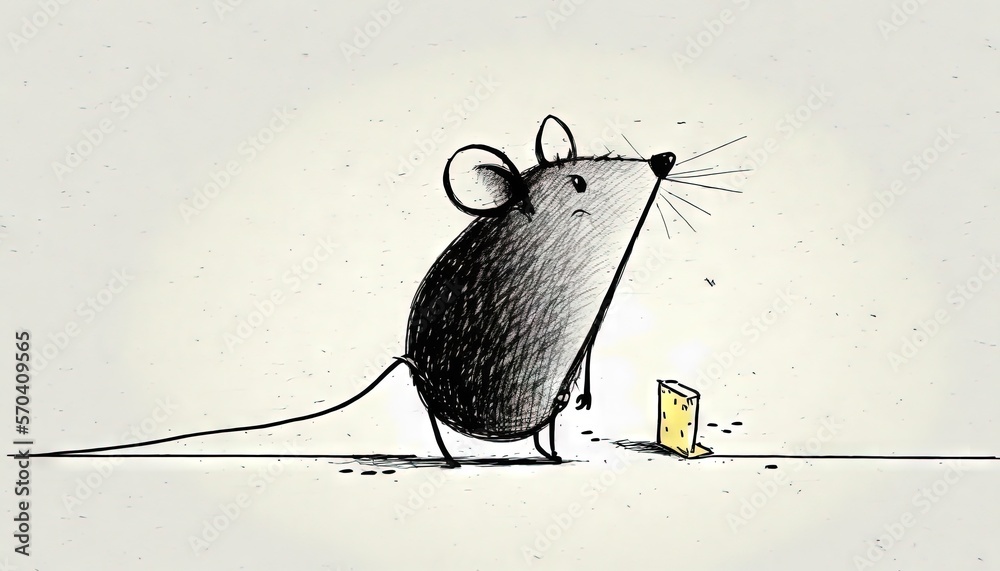 a drawing of a mouse with a piece of cheese in front of it that says ...