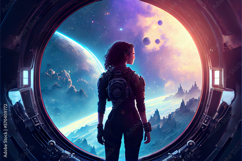 sci fi environment, a beautiful woman in space suite looking a giant ...