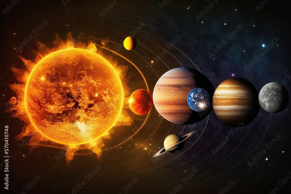 unreal fantastic scheme of the solar system with the sun and planets in ...