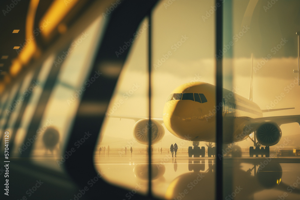 Airplane through window of airport departure lounge at golden hour ...