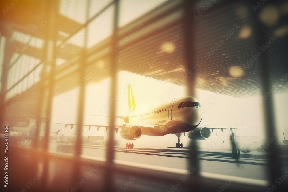 Airplane through window of airport departure lounge at golden hour ...