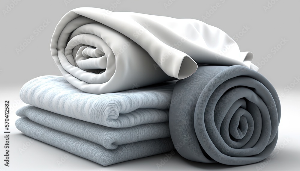 a stack of folded blankets and blankets on a white surface with a white ...