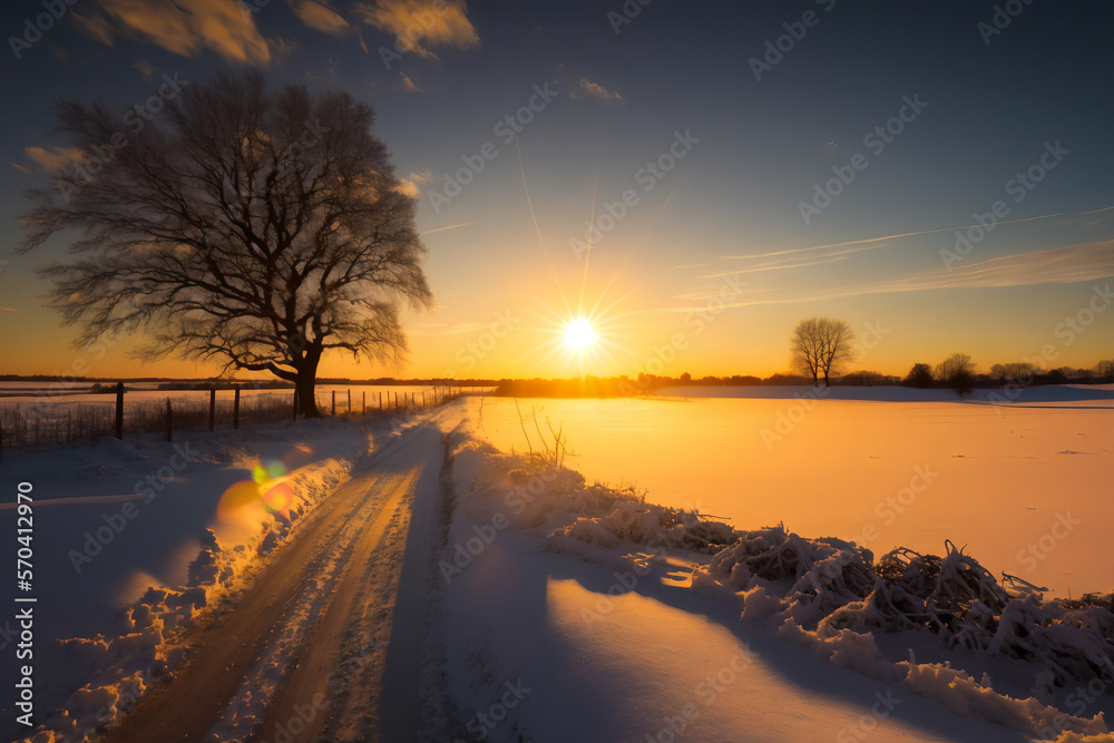A serene winter scene during golden hour, with a warm and golden hue ...