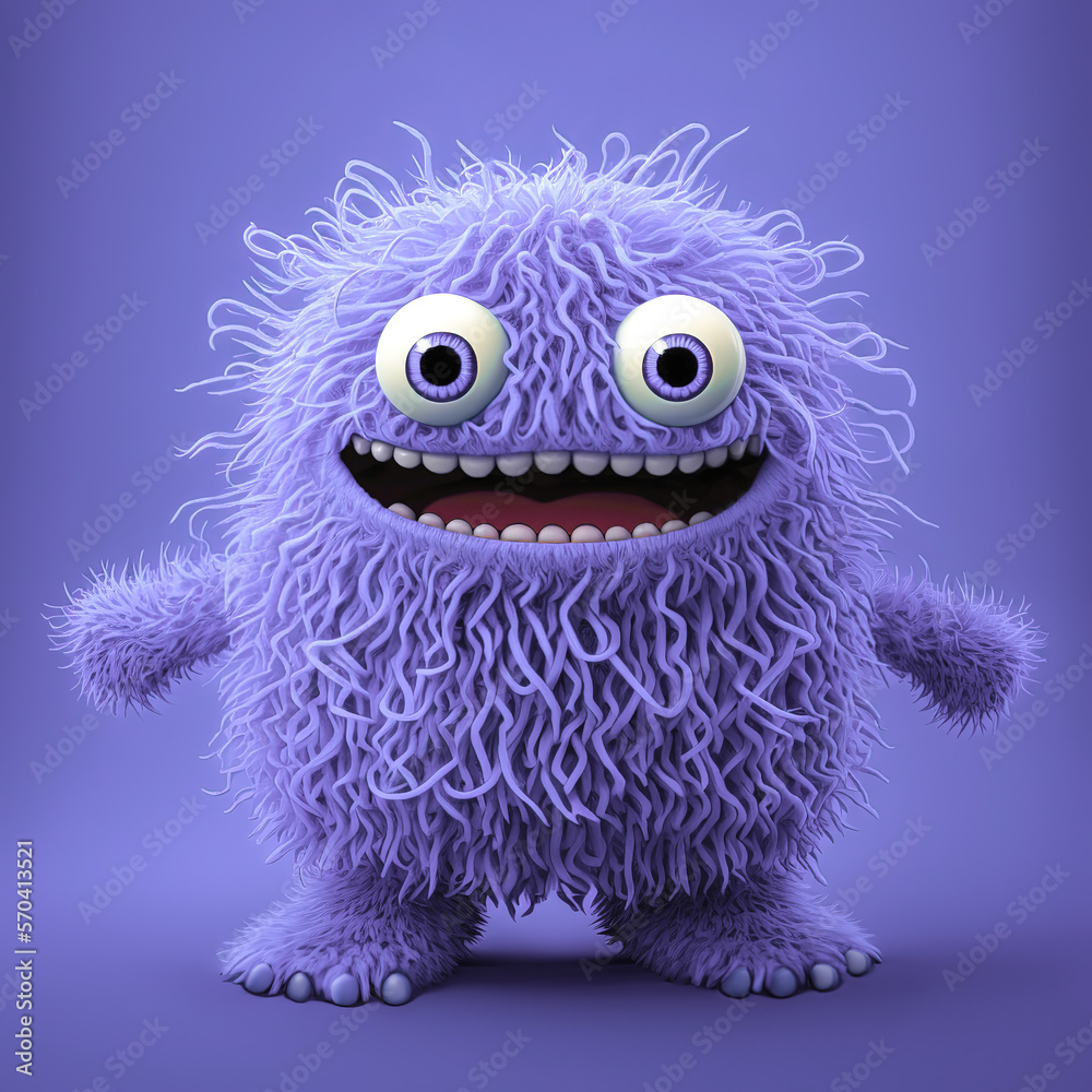 Cute happy monster smiling. Kawaii purple friendly furry scary monster ...