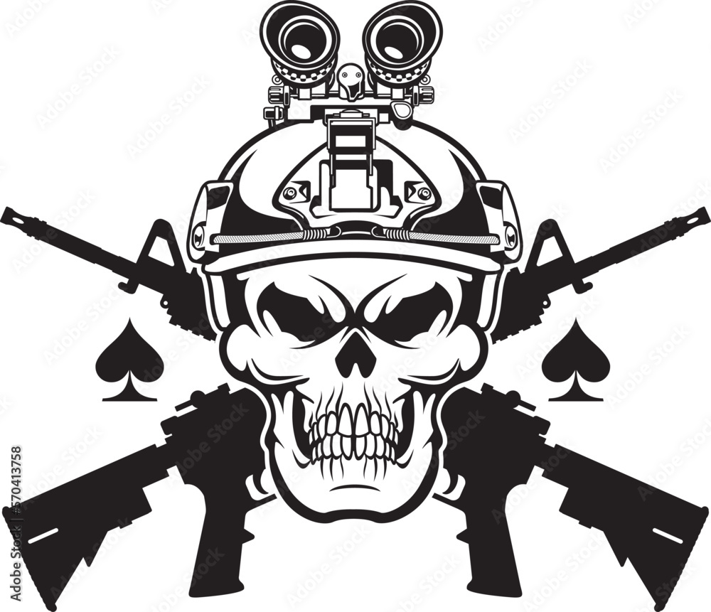 military skull wearing helmet with night vision goggles and crossed assault rifles Stock Vector ...