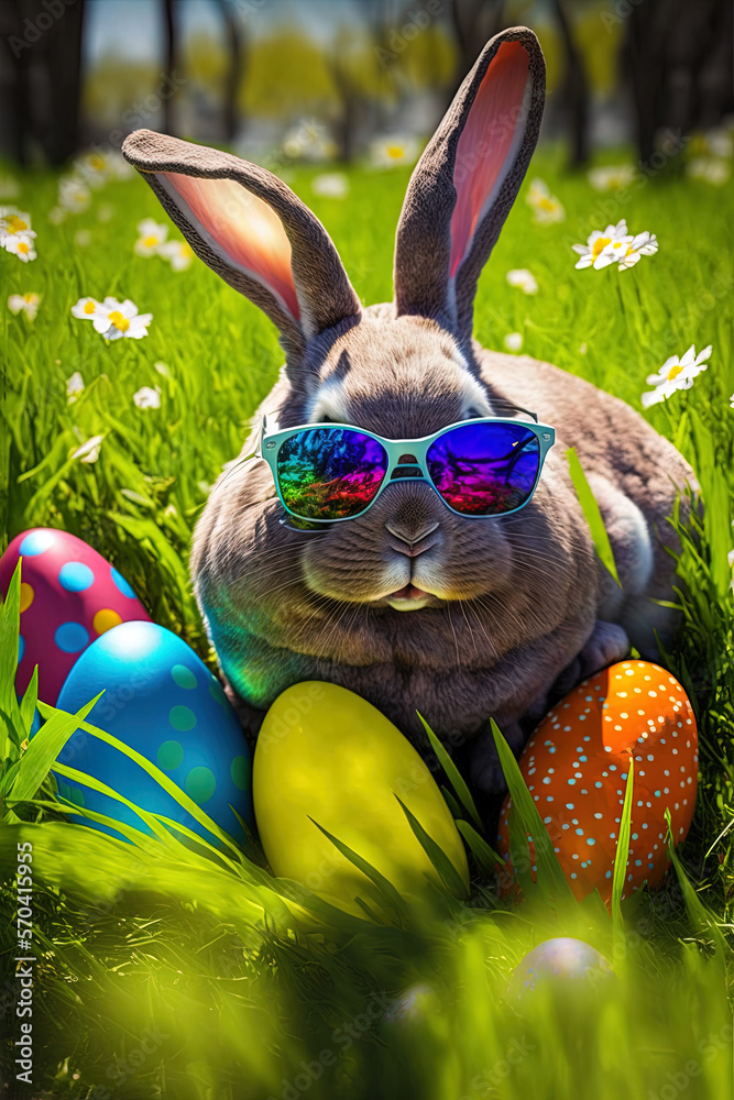 Osterhase mit Sonnenbrille sitzt in einer Blumenwiese, Generative AI ...