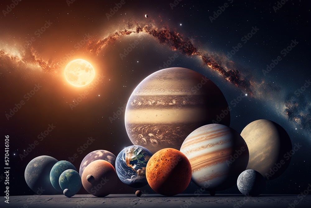 ภาพประกอบสต็อก system of planets with real dimensions planets, sun, and ...
