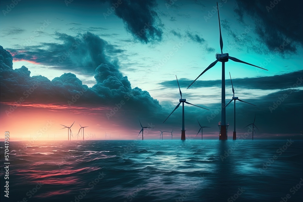 Using the wind's energy. A Glimpse of Offshore Windmills as Night Falls ...