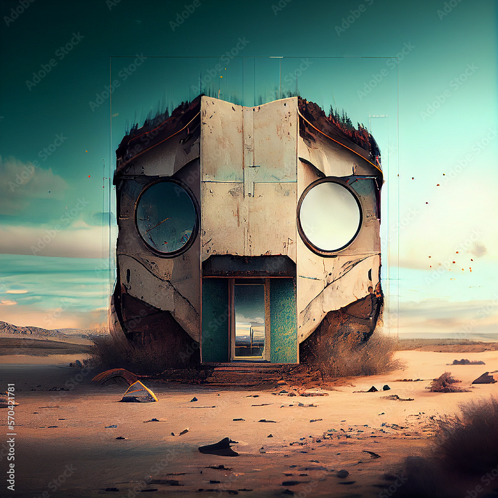 Abandoned ruin on the beach, old broken house in nature, nuclear war ...